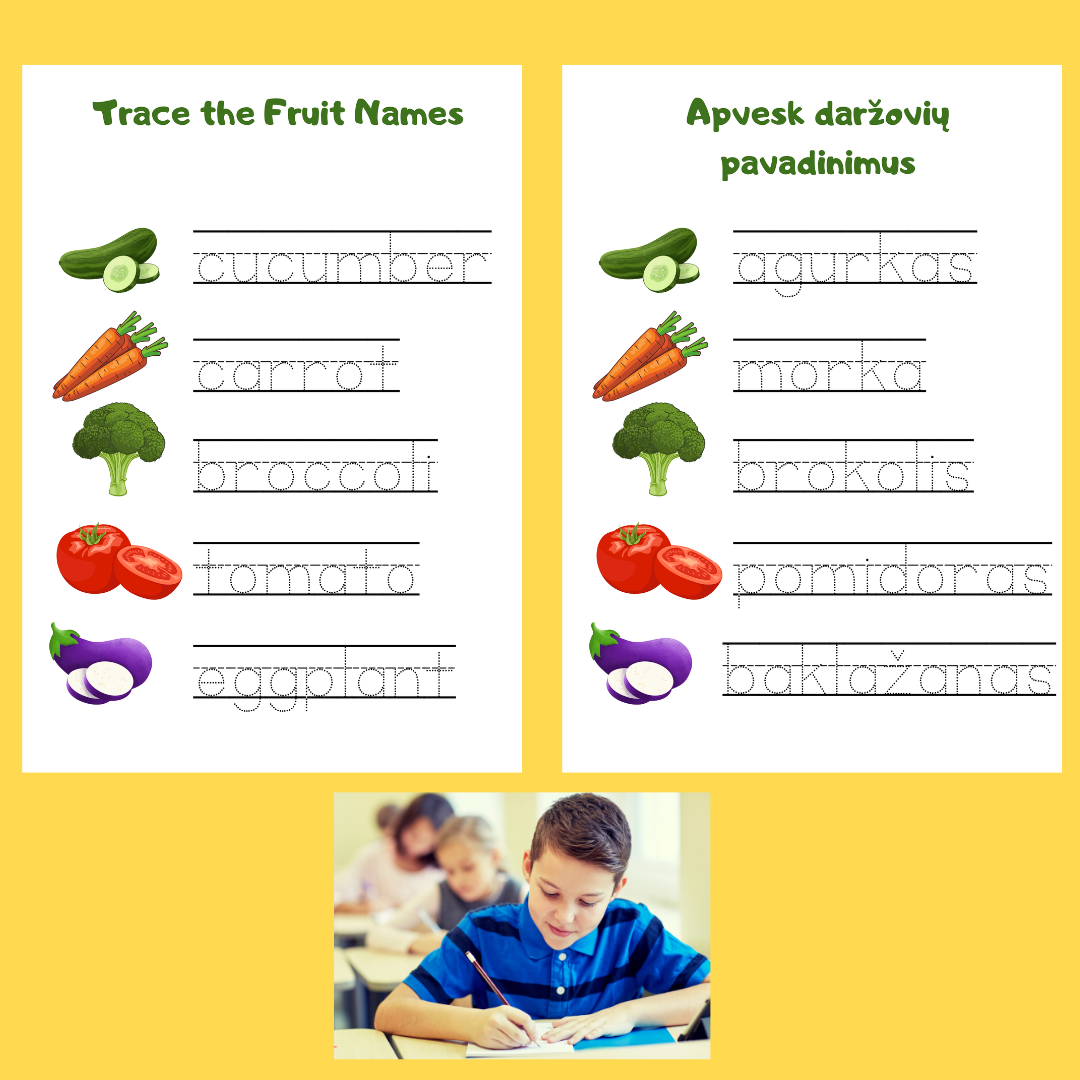 Vaisių ir daržovių pavadinimų apvedžiojimo užduotys – mokomės rašyti ir anglų kalba! 12psl ...